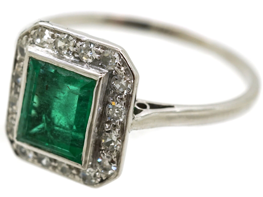 Art Deco 18ct White Gold, Emerald & Diamond Rectangular Ring (742K ...