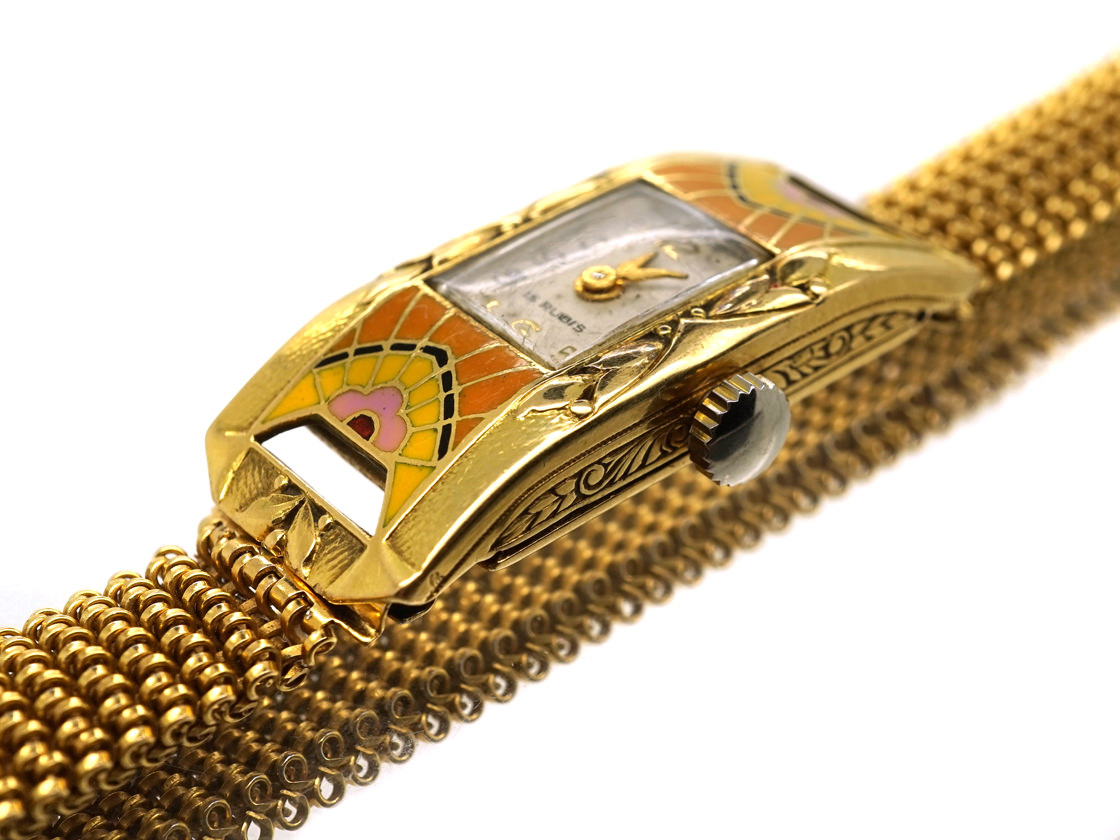 Art Deco 18ct Gold & Enamel Watch on Mesh Strap (723K) | The Antique ...