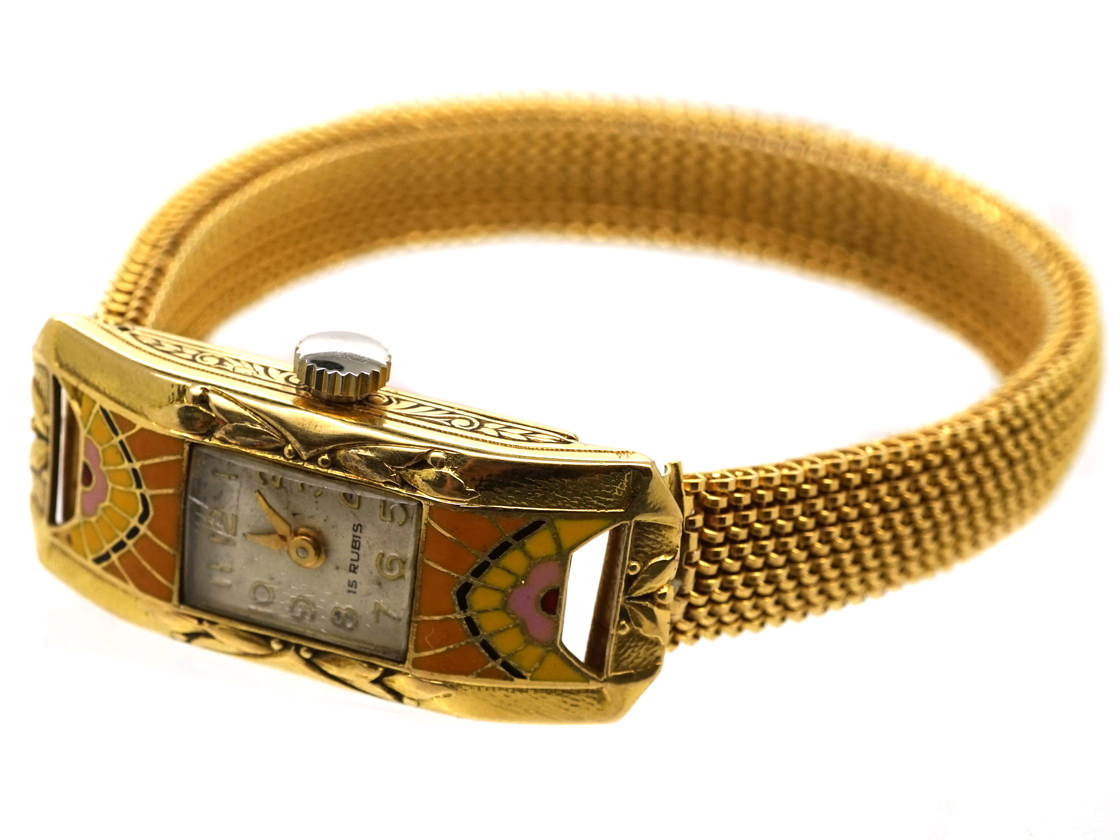 Art Deco 18ct Gold & Enamel Watch on Mesh Strap (723K) | The Antique ...