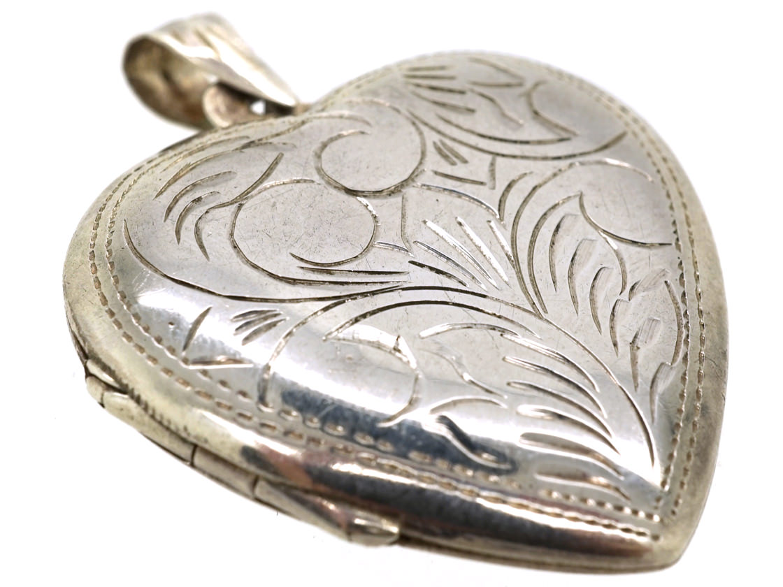 Engraved Silver Heart Shaped Locket (290G) | The Antique Jewellery Company