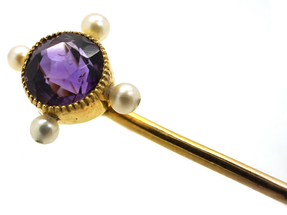 Edwardian 15ct Gold Amethyst & Natural Pearl Tie Pin (222/O) | The ...