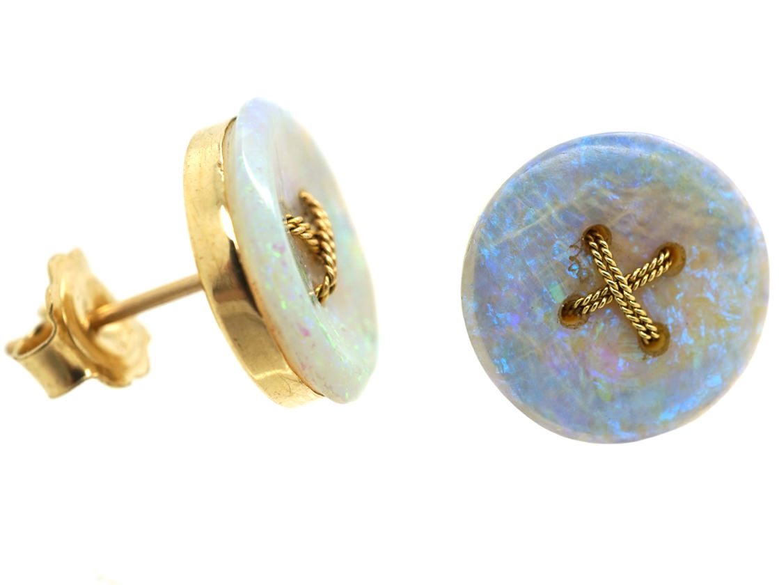 15ct Gold Opal Button Earrings (757H) | The Antique Jewellery Company