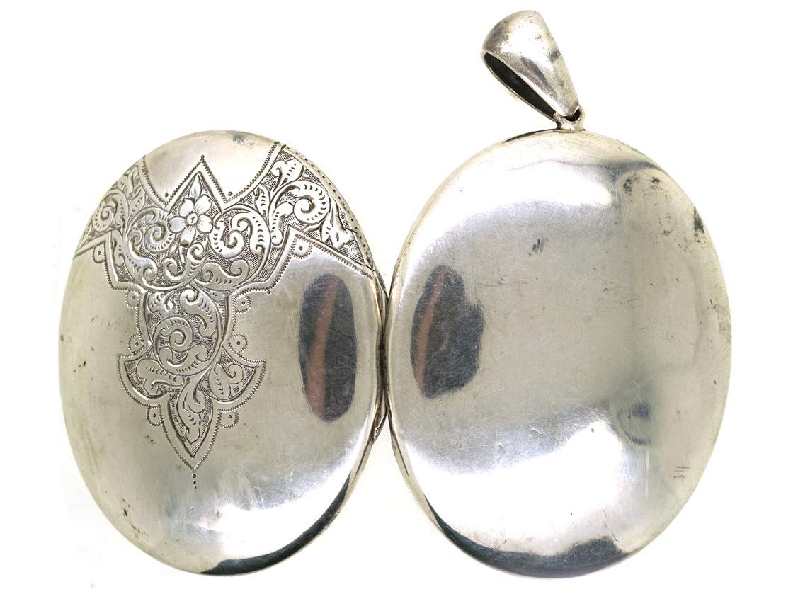 Victorian Engraved Silver Oval Locket (49L) | The Antique Jewellery Company