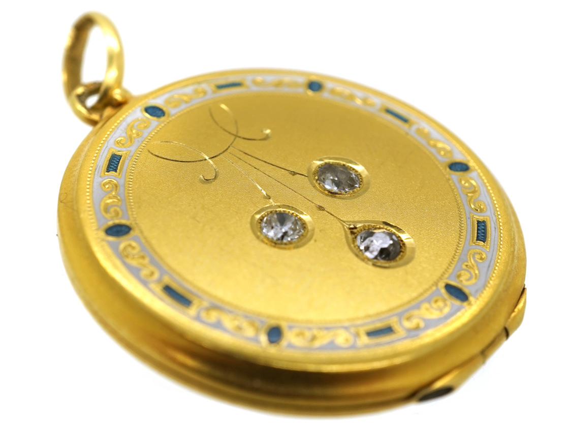 Art Deco 14ct Gold & Enamel Round Locket Set With Three Diamonds (119L ...