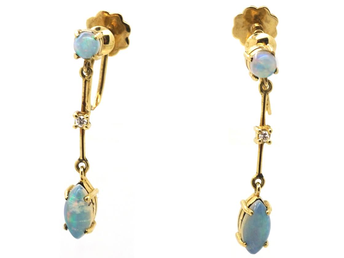 14ct Gold,Opal & Diamond Drop Earrings (360L) | The Antique Jewellery Company