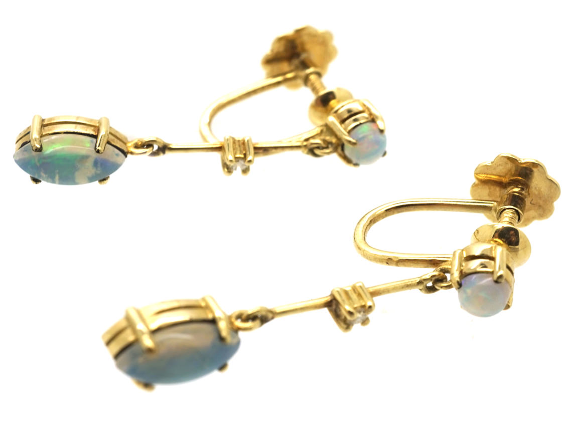 14ct Gold,Opal & Diamond Drop Earrings (360L) | The Antique Jewellery Company
