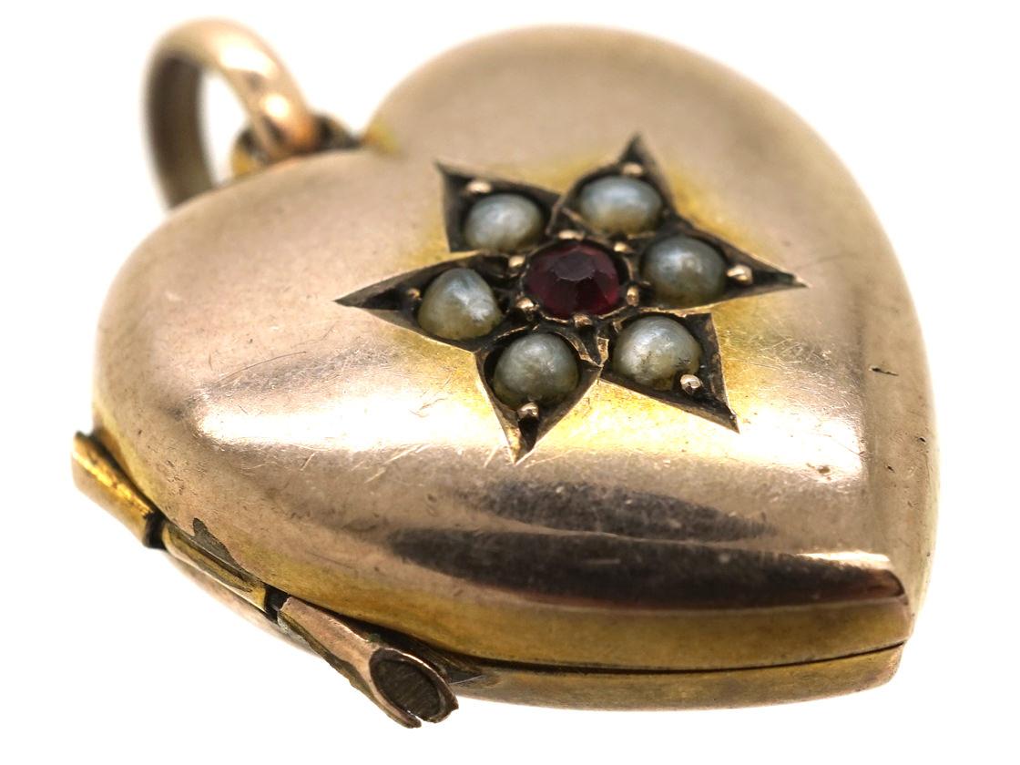 Edwardian 9ct Gold Heart Locket with Star Design Set With a Garnet and ...