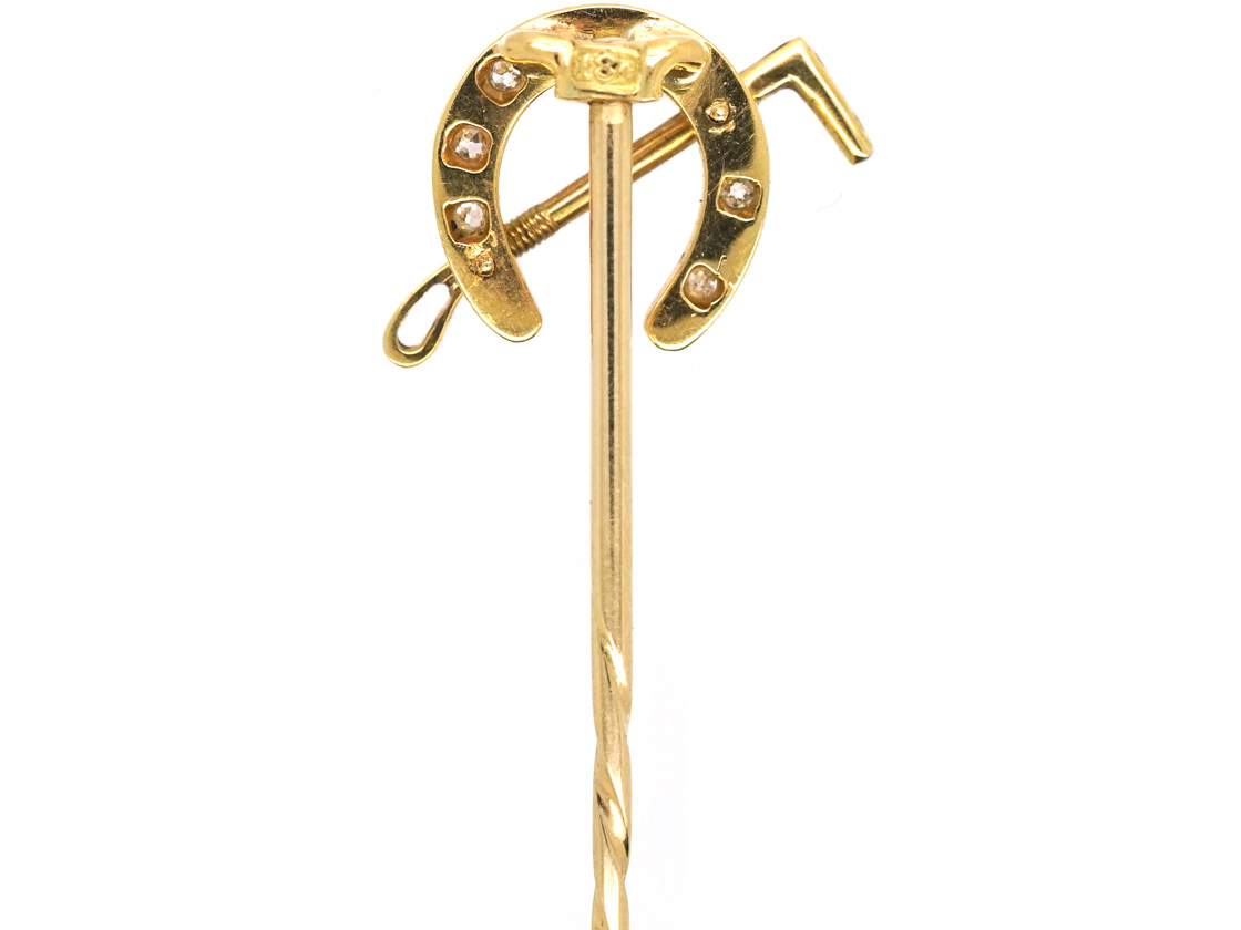 Edwardian 18ct Gold, Diamond & Enamel Horseshoe & Whip Tie Pin (415L ...