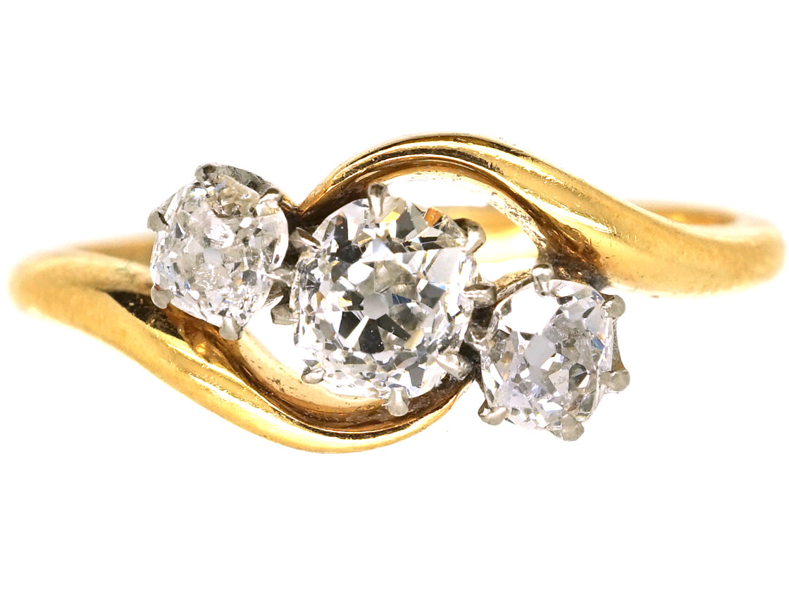 Edwardian 18ct Gold & Platinum Three Stone Diamond Crossover Ring (466L ...