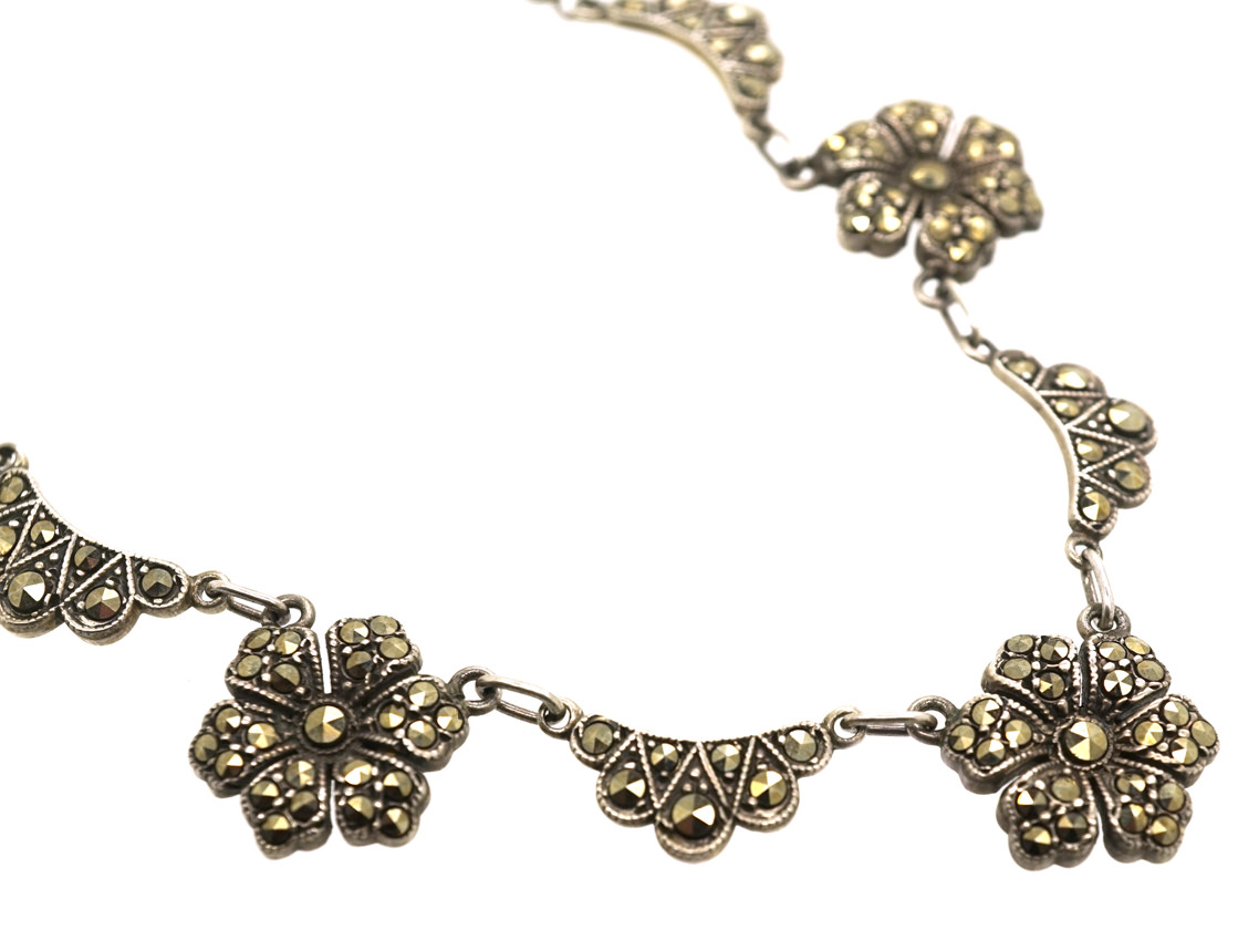 Art Deco Silver And Marcasite Flowers Necklace 542l The Antique