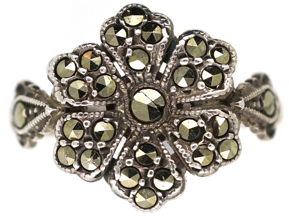 Silver & Marcasite Flower Ring (490L) | The Antique Jewellery Company