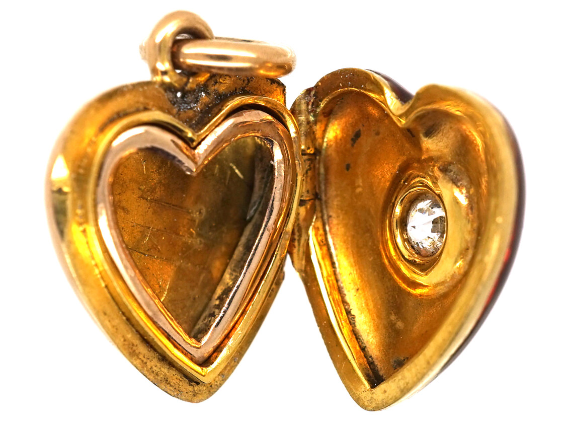 Edwardian 15ct Gold, Strawberry Red Enamel & Diamond Heart Locket (317L ...