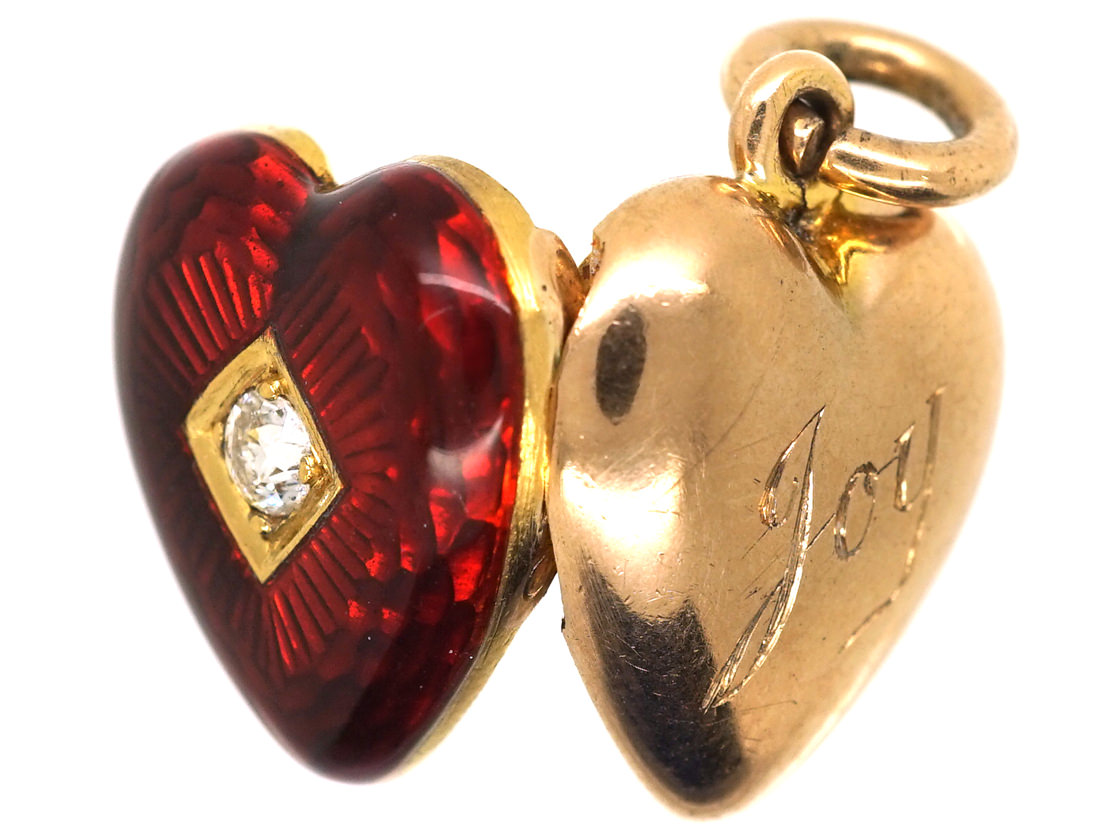 Edwardian 15ct Gold, Strawberry Red Enamel & Diamond Heart Locket (317L ...