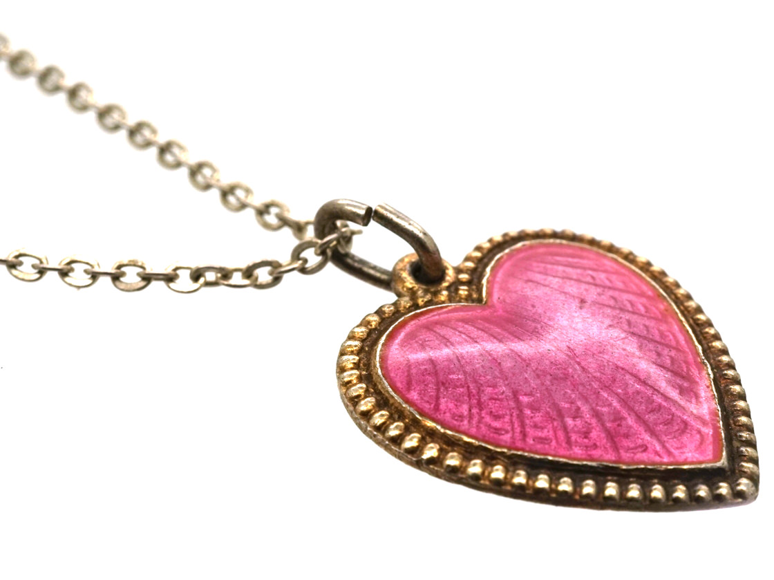 Norwegian Silver Gilt & Pink Enamel Heart Pendant on Silver Chain by Elvic & Co (708L) | The ...