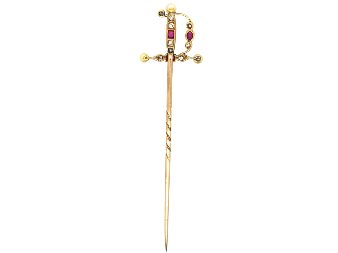 Edwardian 15ct Gold, Ruby Diamond & Natural Pearl Sword Tie Pin (246/O ...