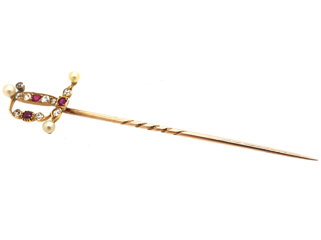 Edwardian 15ct Gold, Ruby Diamond & Natural Pearl Sword Tie Pin (246/O ...