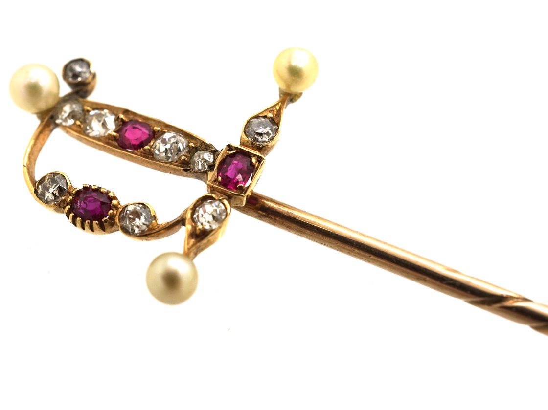 Edwardian 15ct Gold, Ruby Diamond & Natural Pearl Sword Tie Pin (246/O ...