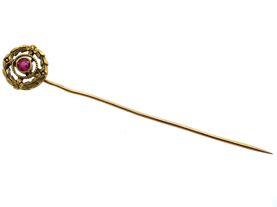 French Belle Epoque 18ct Gold & Ruby Wreath Tie Pin (509L) | The ...