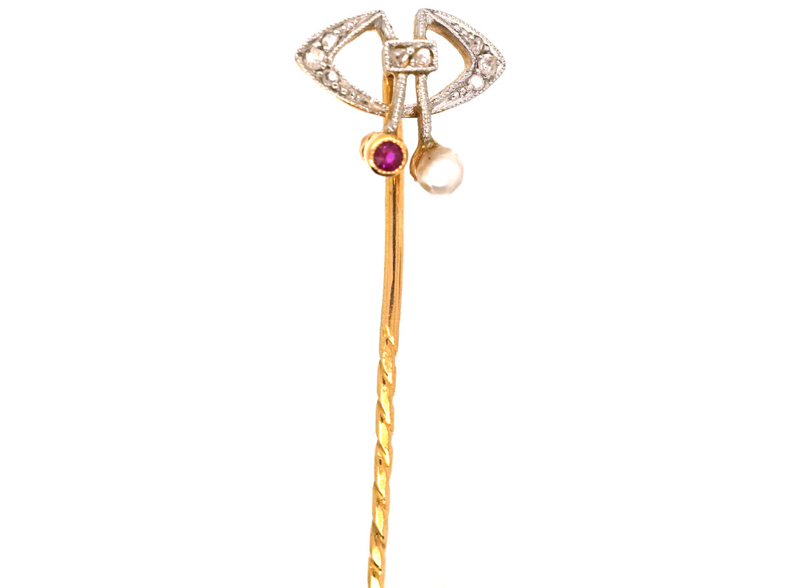 Art Deco Platinum & 18ct Gold, Rose Diamond Natural Pearl & Ruby Tie ...