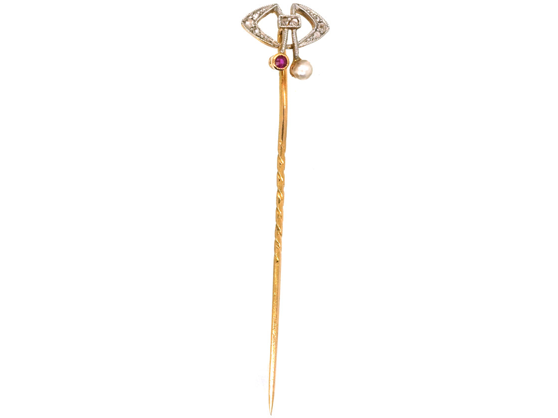 Art Deco Platinum & 18ct Gold, Rose Diamond Natural Pearl & Ruby Tie ...