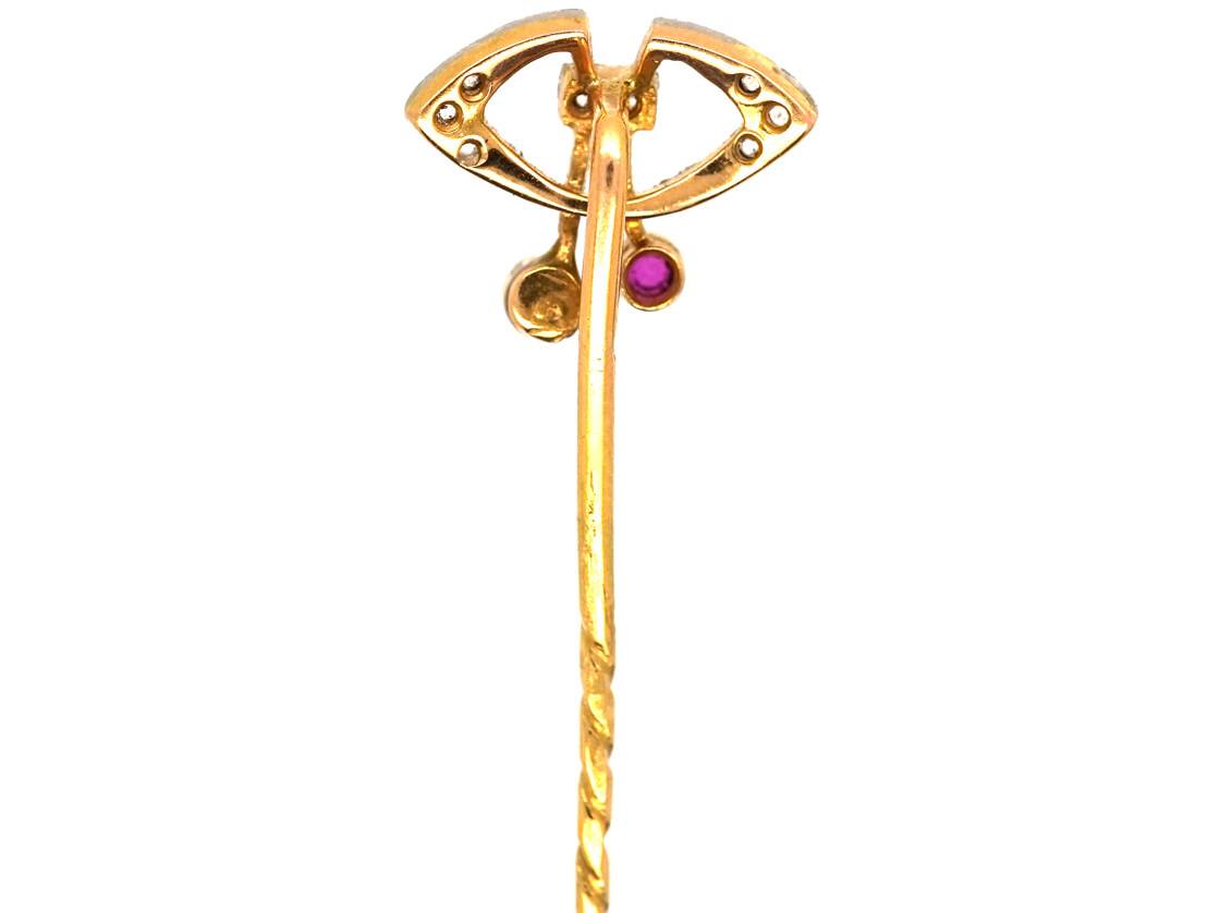 Art Deco Platinum & 18ct Gold, Rose Diamond Natural Pearl & Ruby Tie ...