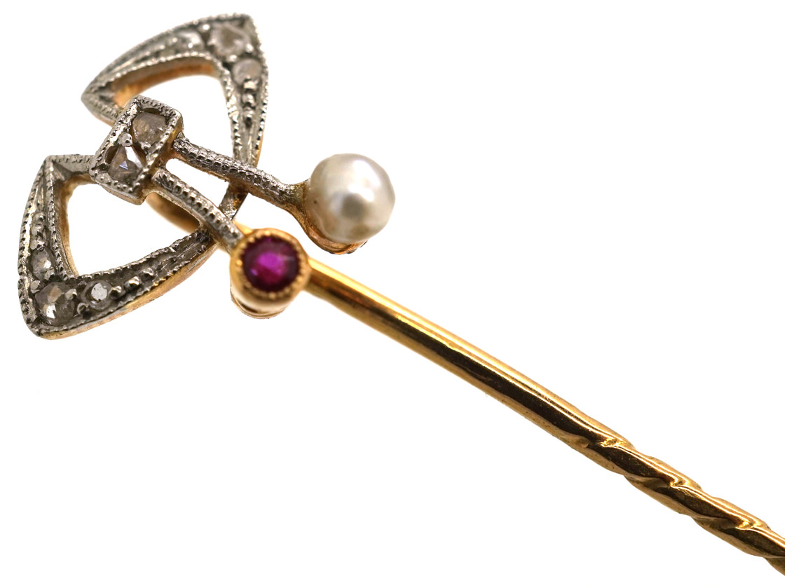 Art Deco Platinum & 18ct Gold, Rose Diamond Natural Pearl & Ruby Tie ...