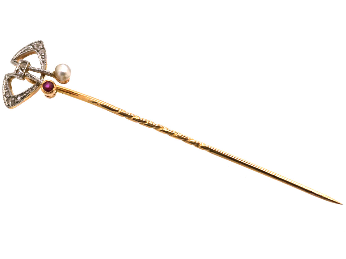 Art Deco Platinum & 18ct Gold, Rose Diamond Natural Pearl & Ruby Tie ...