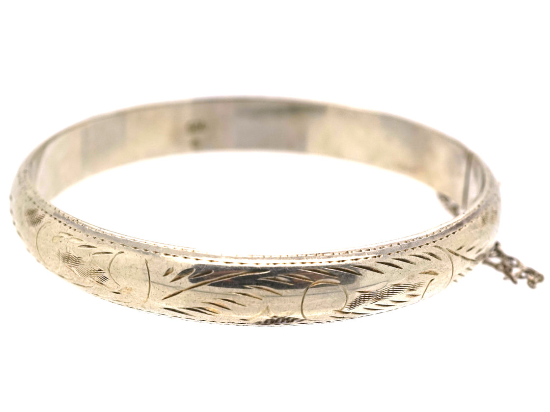 Narrow Silver Bangle with Engraved Design (552L) | The Antique ...
