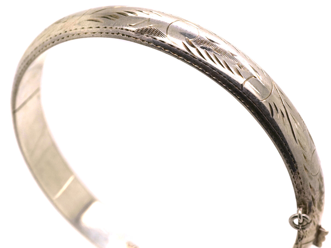 Narrow Silver Bangle with Engraved Design (552L) | The Antique ...