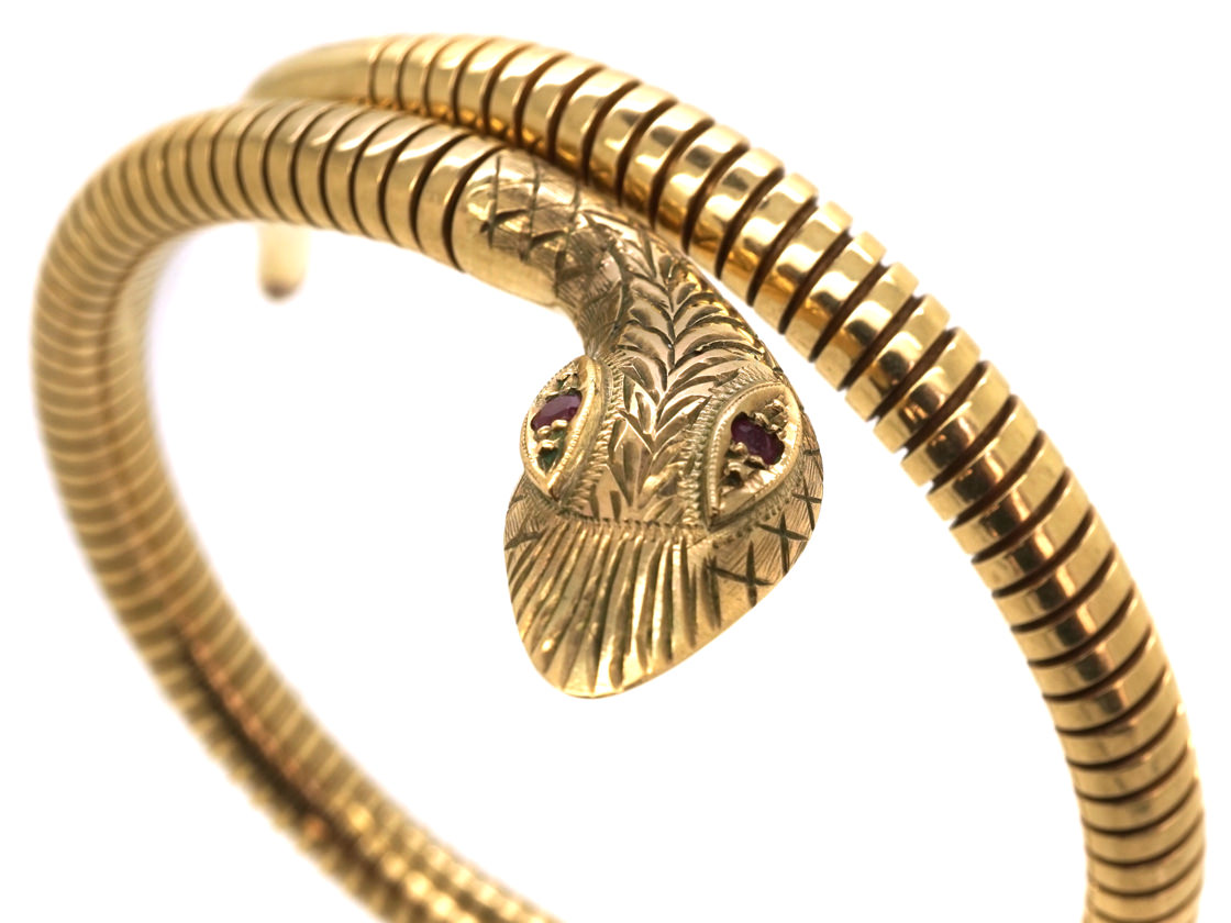 9ct Gold Snake Bangle with Ruby Eyes (857L) | The Antique Jewellery Company