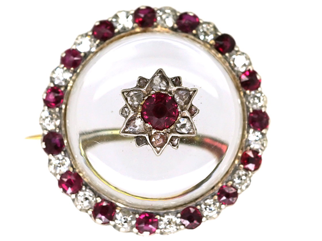 Edwardian 15ct Gold & Rock Crystal, Ruby & Diamond Circular Brooch ...