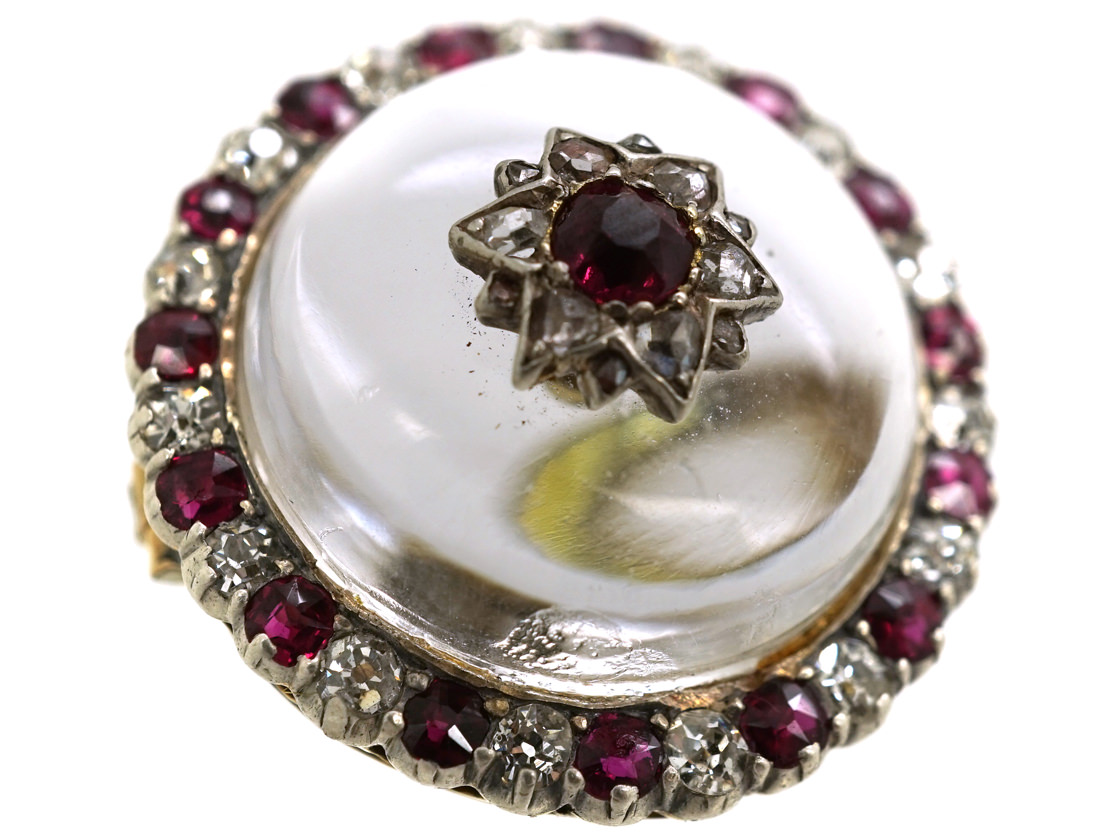 Edwardian 15ct Gold & Rock Crystal, Ruby & Diamond Circular Brooch ...