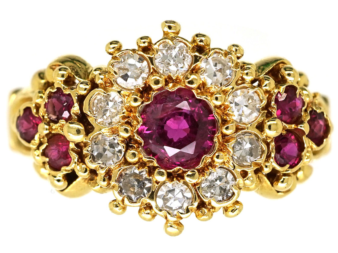 18ct Gold, Ruby & Diamond Cluster Ring (837L) | The Antique Jewellery ...