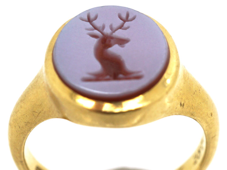 18ct Gold & Carnelian Signet Ring with Stag Intaglio - The Antique ...
