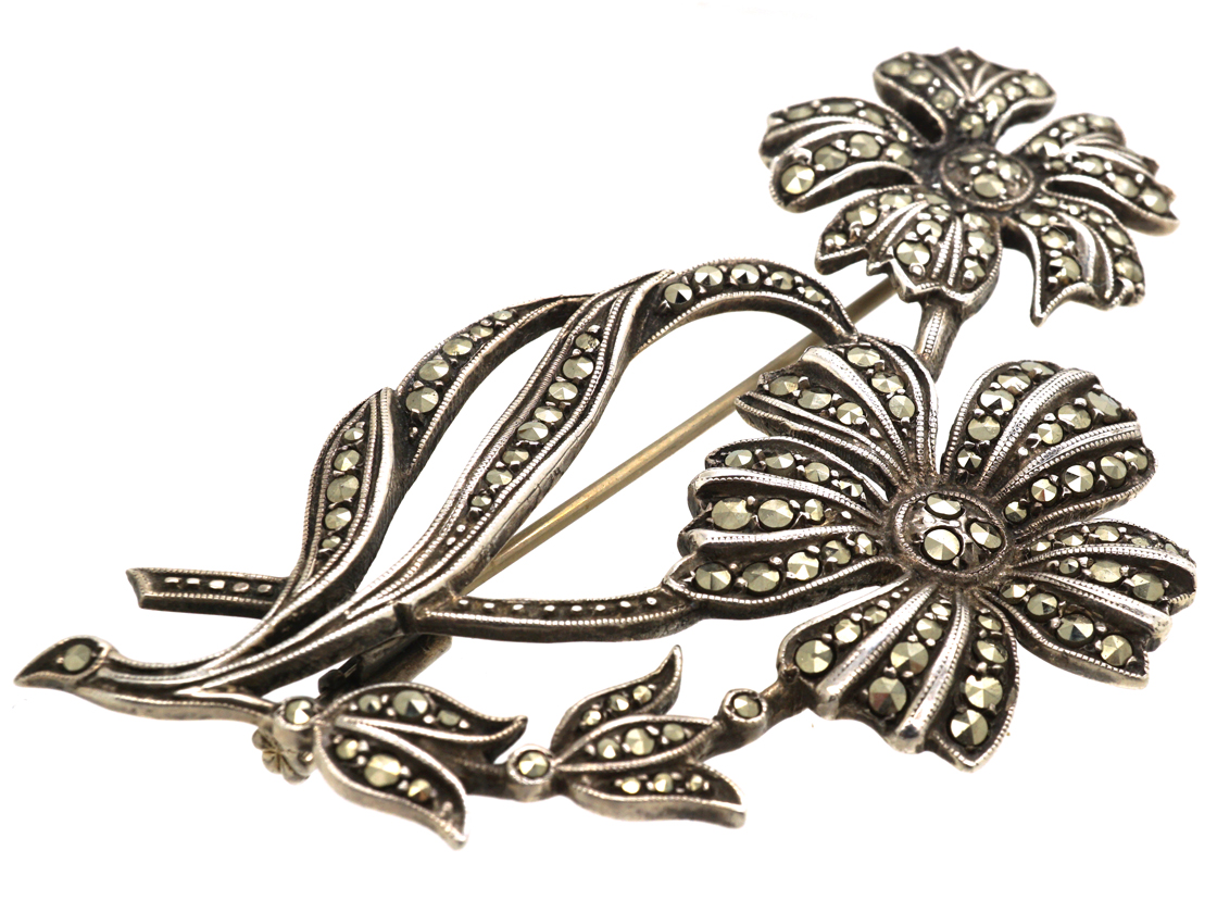 French Silver & Marcasite Flowers Brooch (886L) | The Antique Jewellery ...