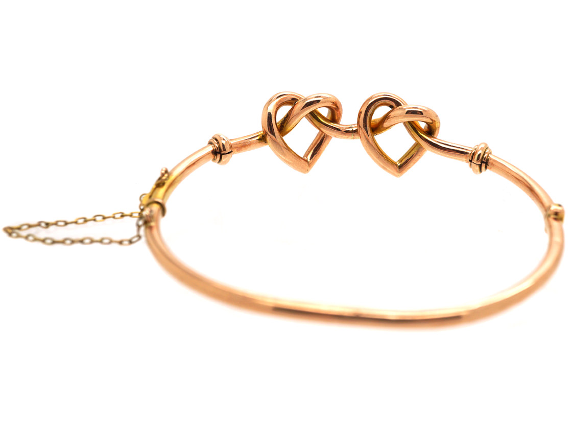 Edwardian 9ct Gold Double Heart Bangle (72M) | The Antique Jewellery ...
