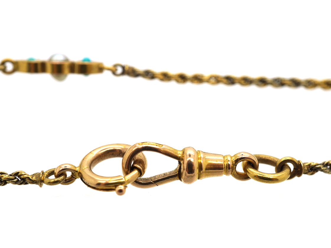 Edwardian 15ct Gold Long Guard Chain set with Natural Split Pearls ...