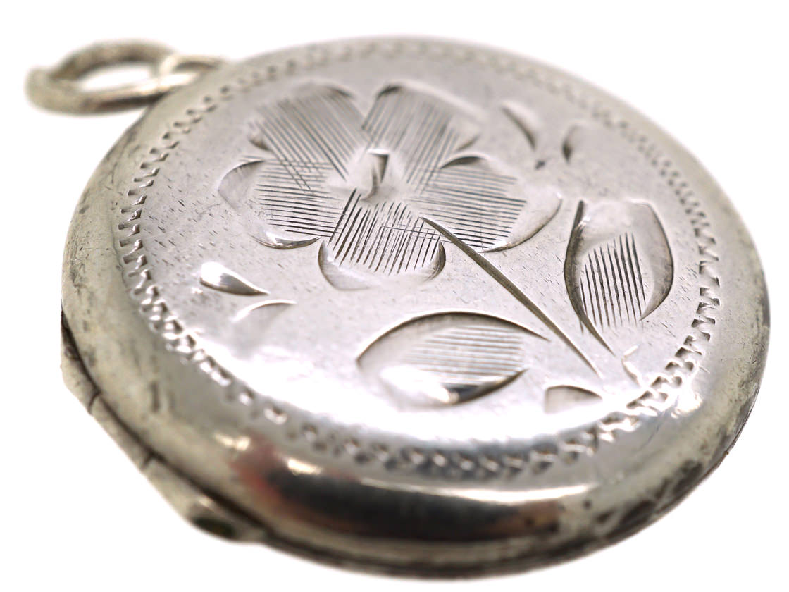 Round Silver Locket Engraved with a Flower (183K/1) | The Antique ...