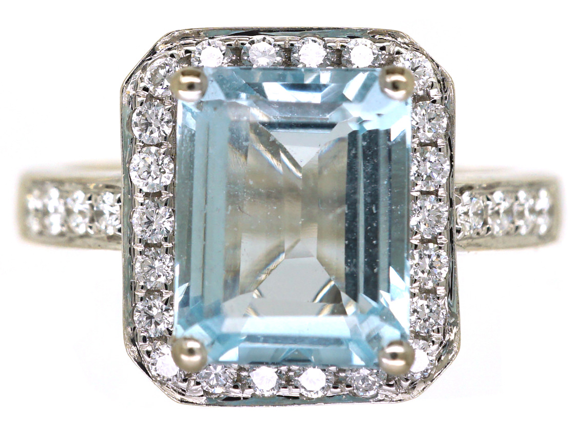 18ct White Gold, Aquamarine & Diamond Rectangular Ring with Diamond Set ...