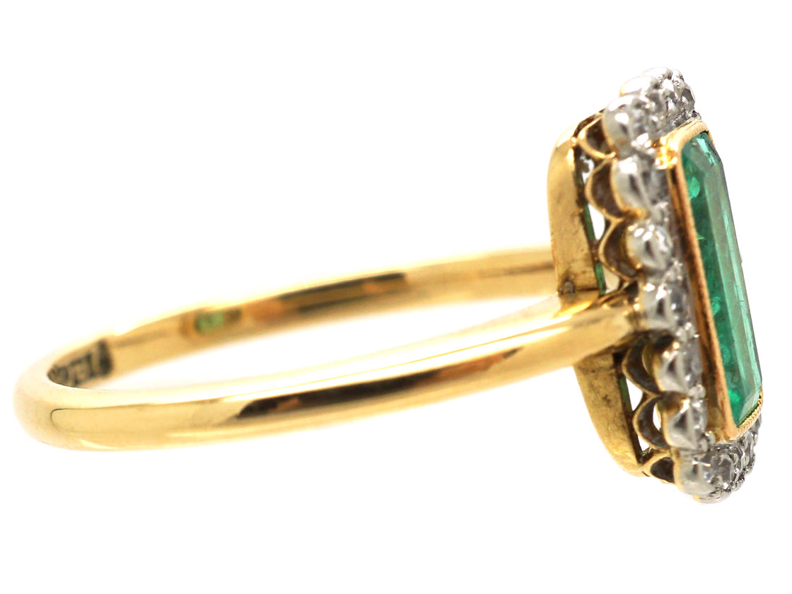 Art Deco 18ct Gold & Platinum, Emerald & Diamond Rectangular Ring (26M ...