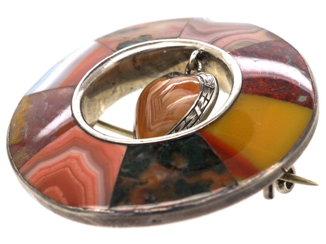 Victorian Scottish Silver Round Agate Brooch with Heart Drop (190M ...
