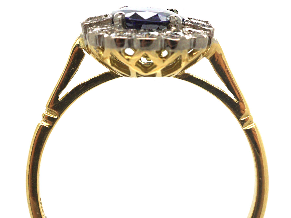 18ct Gold Sapphire & Diamond Oval Cluster Ring with Baguette Diamonds ...