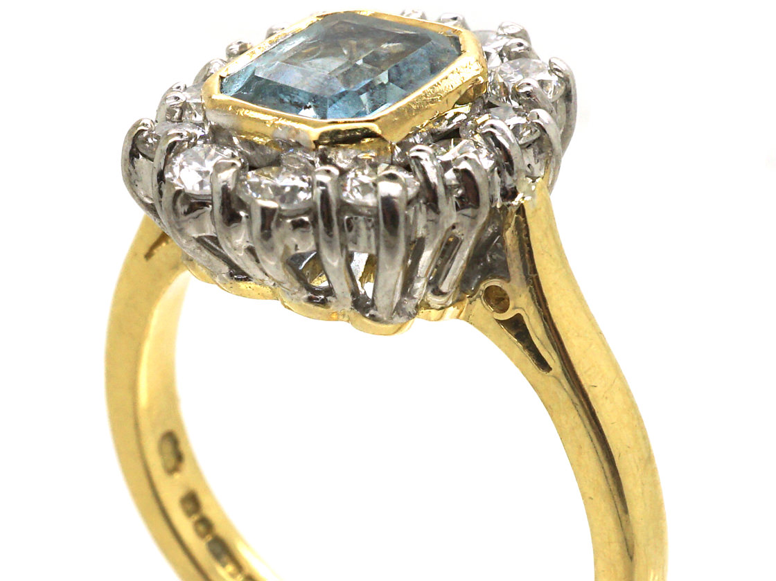 18ct Gold, Octagonal Aquamarine & Diamond Cluster Ring (251M) | The Antique Jewellery Company