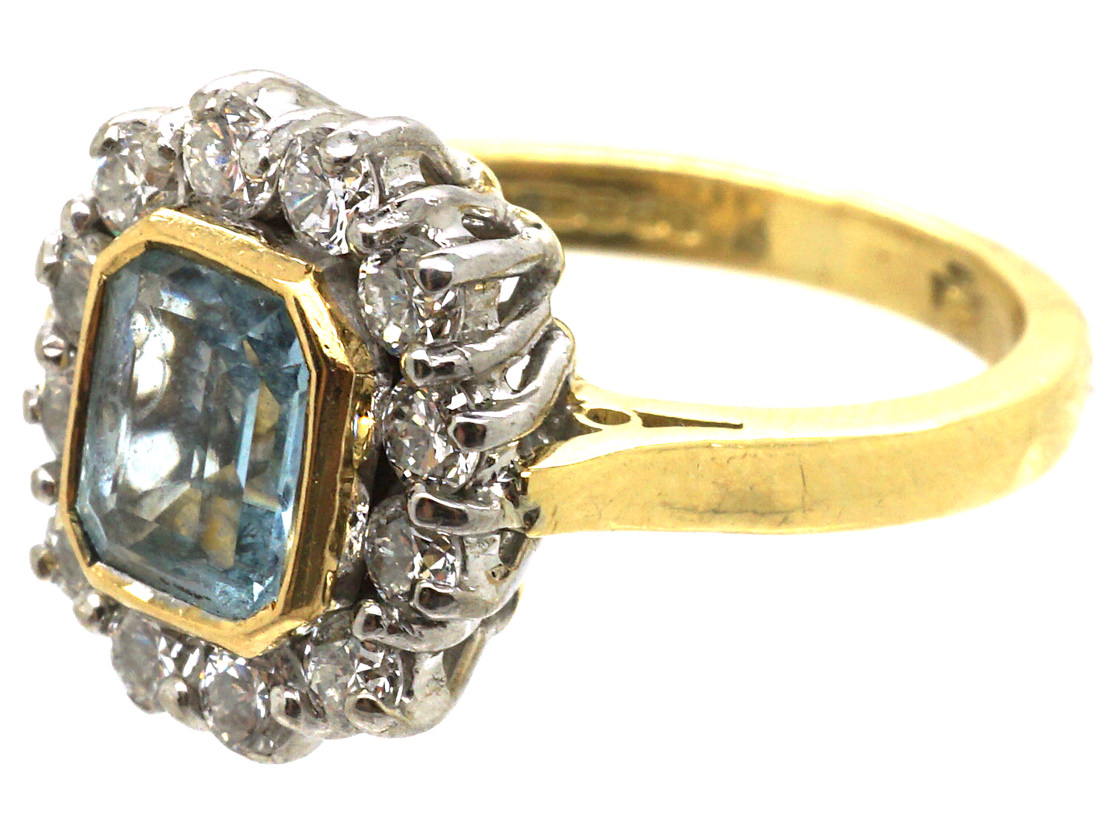 18ct Gold, Octagonal Aquamarine & Diamond Cluster Ring (251M) | The Antique Jewellery Company