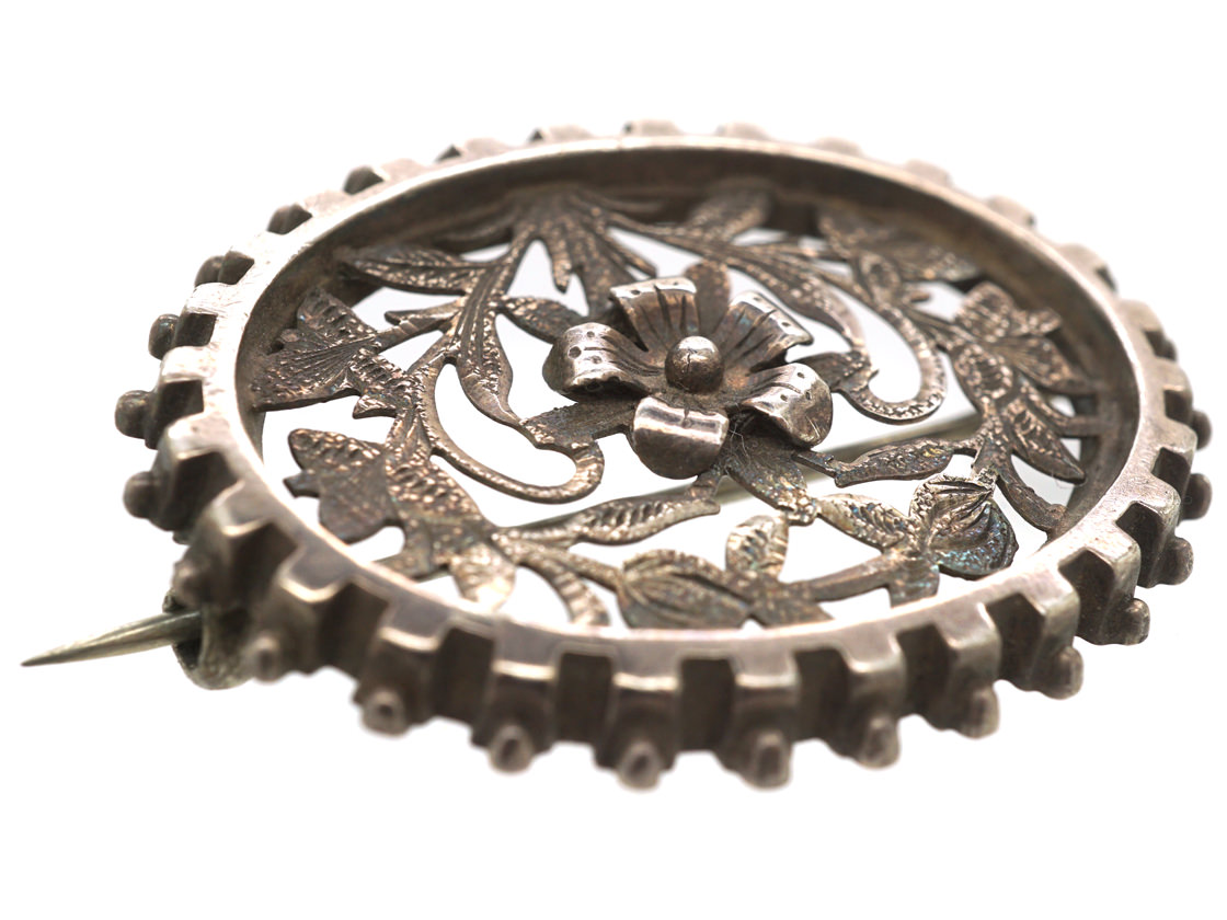 Victorian Oval Silver Brooch with Flower Motif (404M) | The Antique ...