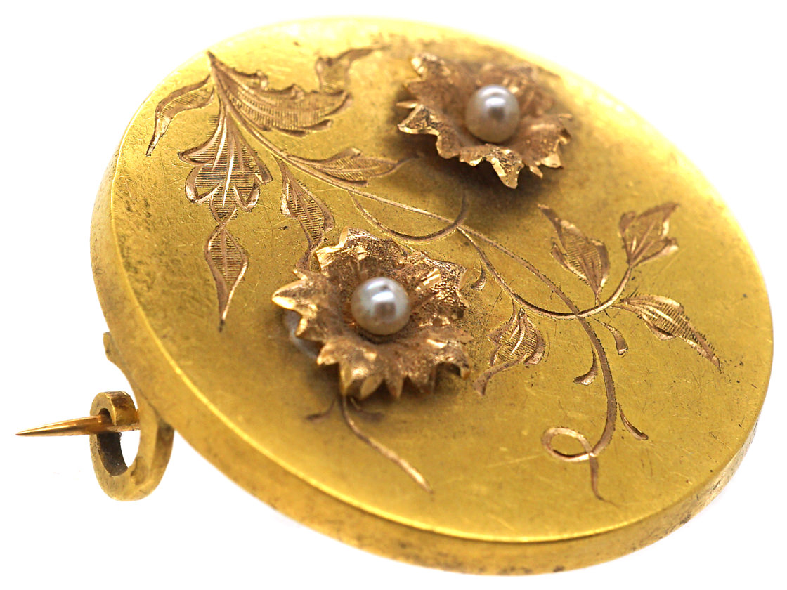 Victorian French 18ct Gold & Natural Pearl Round Brooch with Flowers ...