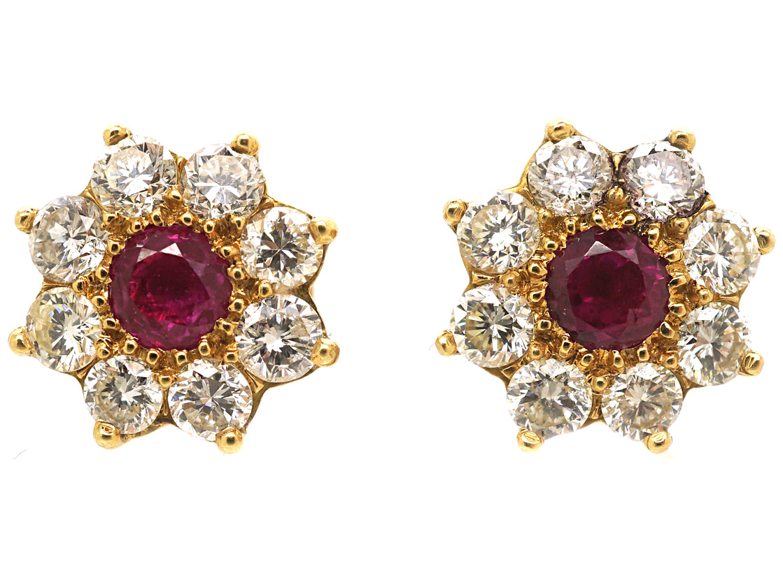 18ct Gold Ruby And Diamond Cluster Earrings 317m The Antique