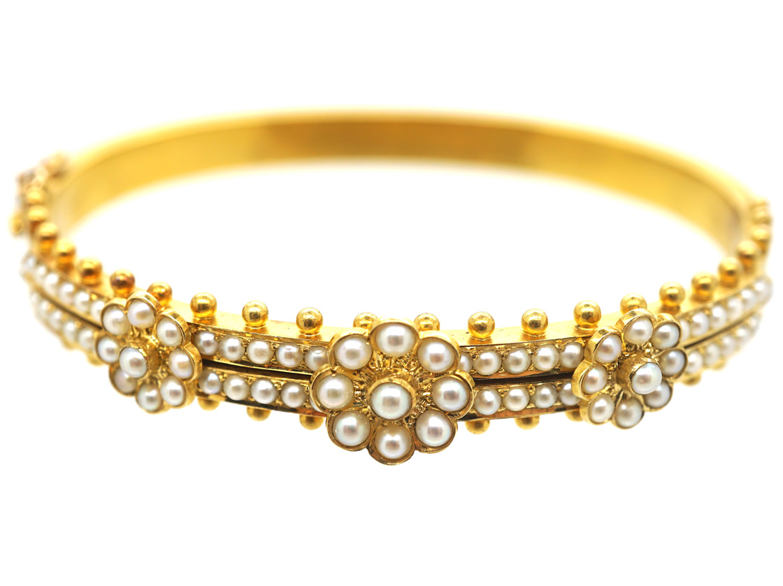 Victorian 15ct Gold Triple Natural Split Pearl Cluster Bangle (449M ...
