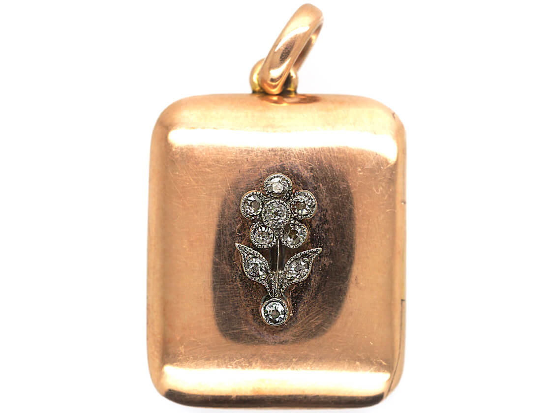 Edwardian 14 ct Gold Rectangular Locket with Diamond Set Flower (531M ...
