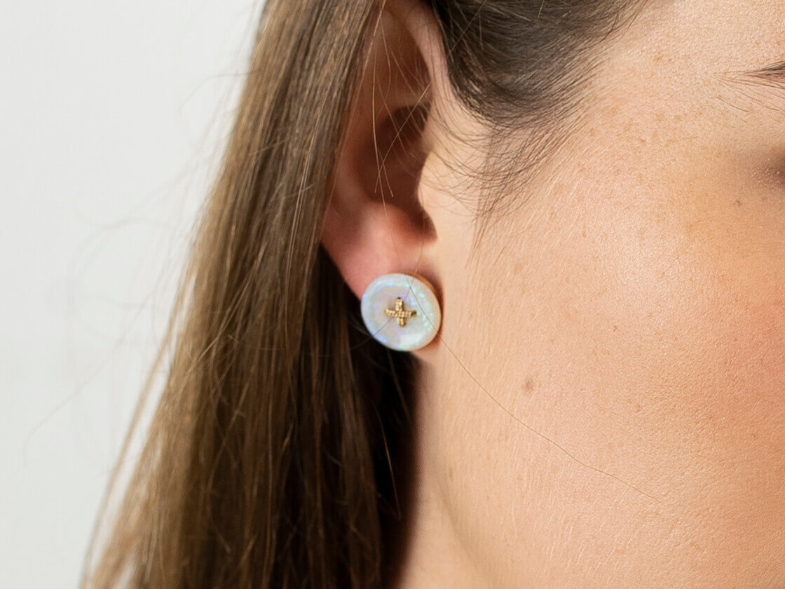 15ct Gold Opal Button Earrings - The Antique Jewellery Company